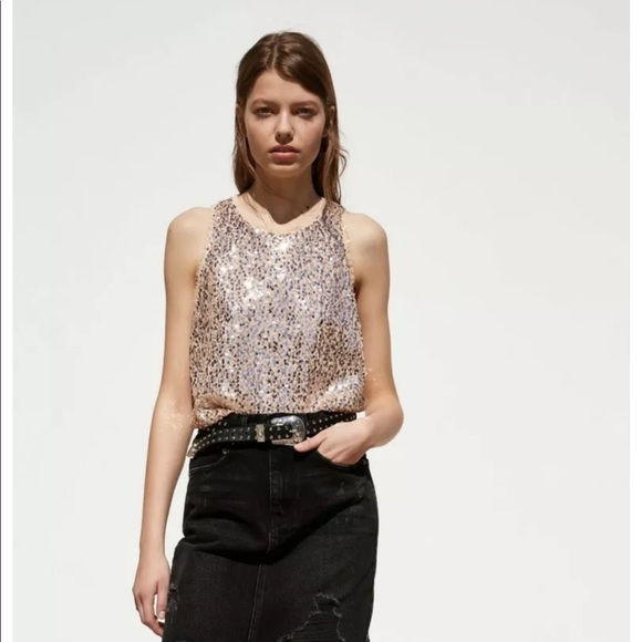 Tops | New Zara Sequins Top Peach Pink Small Party Fringe | Poshmark